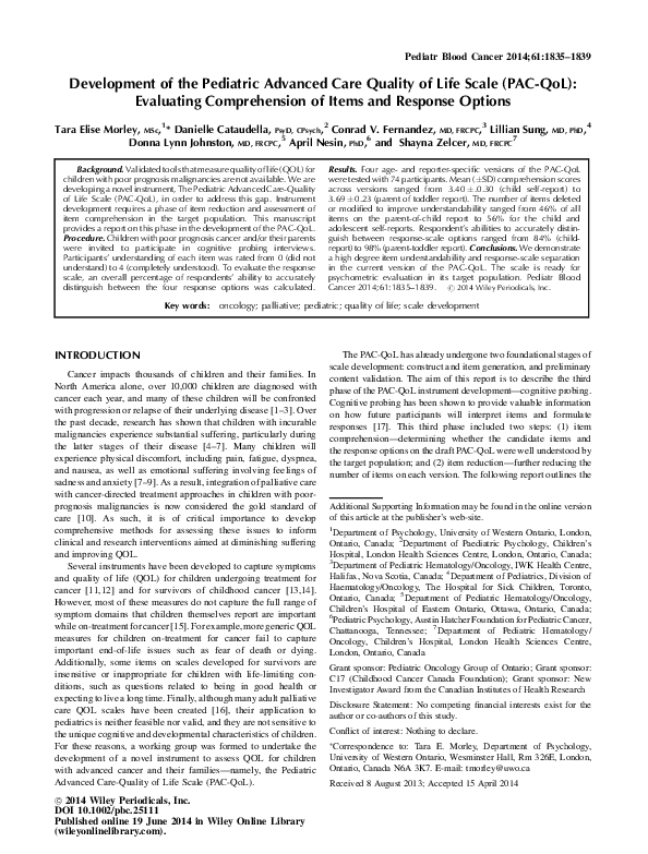 (PDF) Development of the pediatric advanced care quality of life scale ...