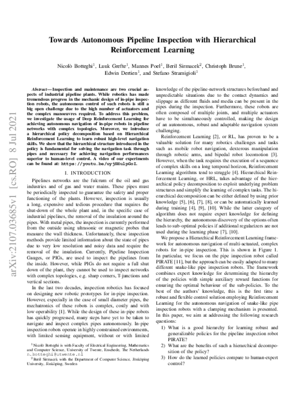 (PDF) Towards Autonomous Pipeline Inspection with Hierarchical Reinforcement Learning