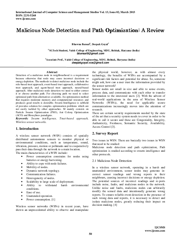 Pdf Malicious Node Detection And Path Optimization A Review