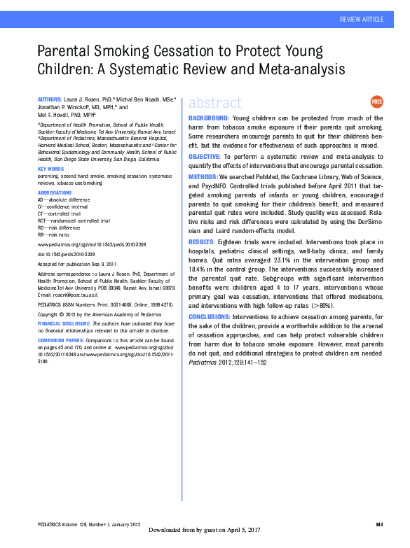 (PDF) Parental Smoking Cessation to Protect Young Children:A Systematic Review and Meta-analysis