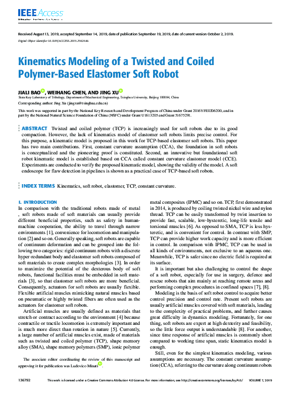 (PDF) Kinematics Modeling of a Twisted and Coiled Polymer-Based Elastomer Soft Robot