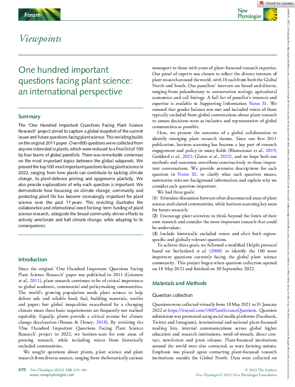 (PDF) One hundred important questions facing plant science: an ...