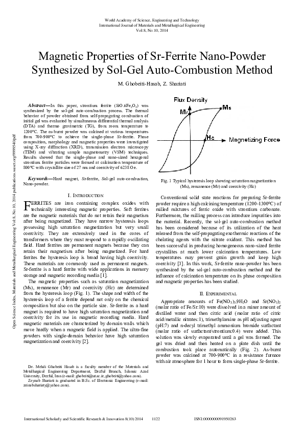 (PDF) Magnetic Properties Of Sr-Ferrite Nano-Powder Synthesized By Sol ...
