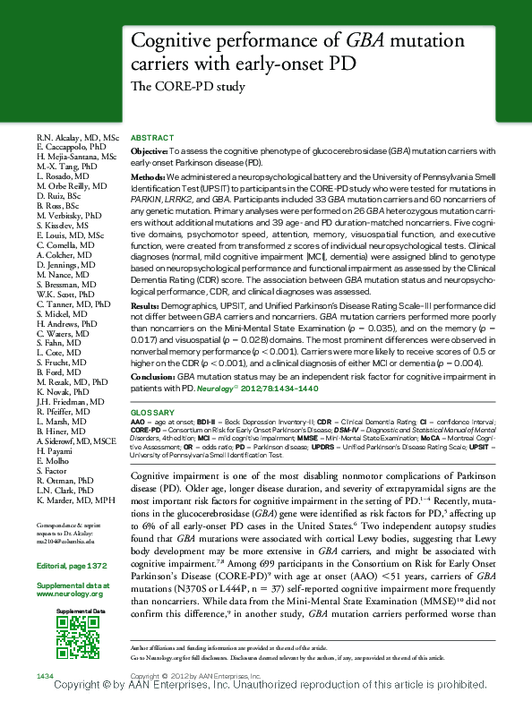 (PDF) Cognitive performance of GBA mutation carriers with early-onset ...