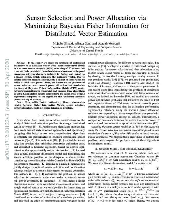 Pdf Sensor Selection And Power Allocation Via Maximizing Bayesian