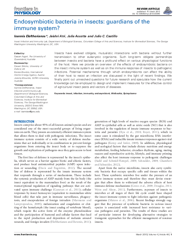 (PDF) Endosymbiotic bacteria in insects: guardians of the immune system?