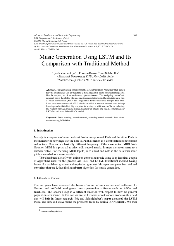 (PDF) Music Generation Using LSTM and Its Comparison with Traditional Method