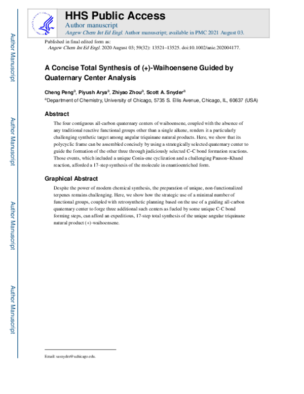 (PDF) A Concise Total Synthesis of (+)‐Waihoensene Guided by Quaternary Center Analysis