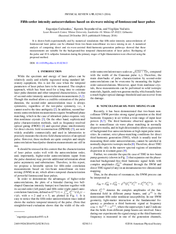 (PDF) Fifth-order intensity autocorrelations based on six-wave mixing of femtosecond laser pulses