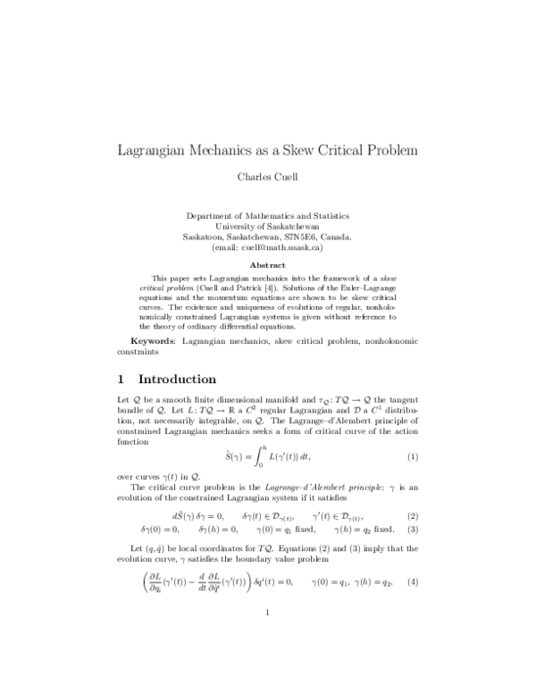 (PDF) Lagrangian mechanics as a skew critical problem