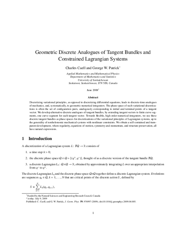 (PDF) Geometric discrete analogues of tangent bundles and constrained ...