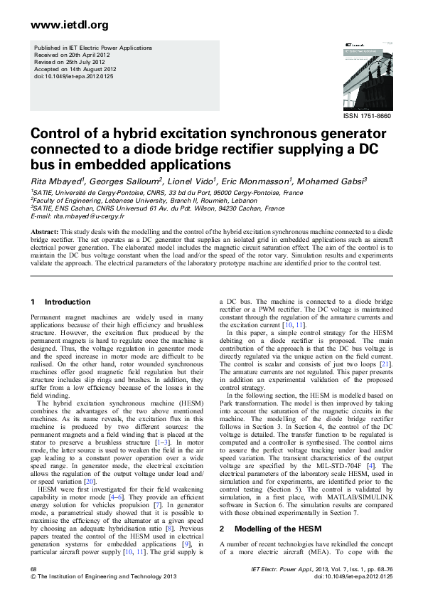 (PDF) Control of a Hybrid Excitation Synchronous Generator for Aircraft ...