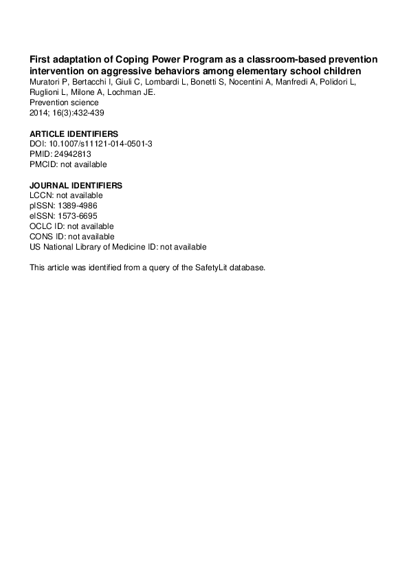 (PDF) First Adaptation of Coping Power Program as a Classroom-Based ...