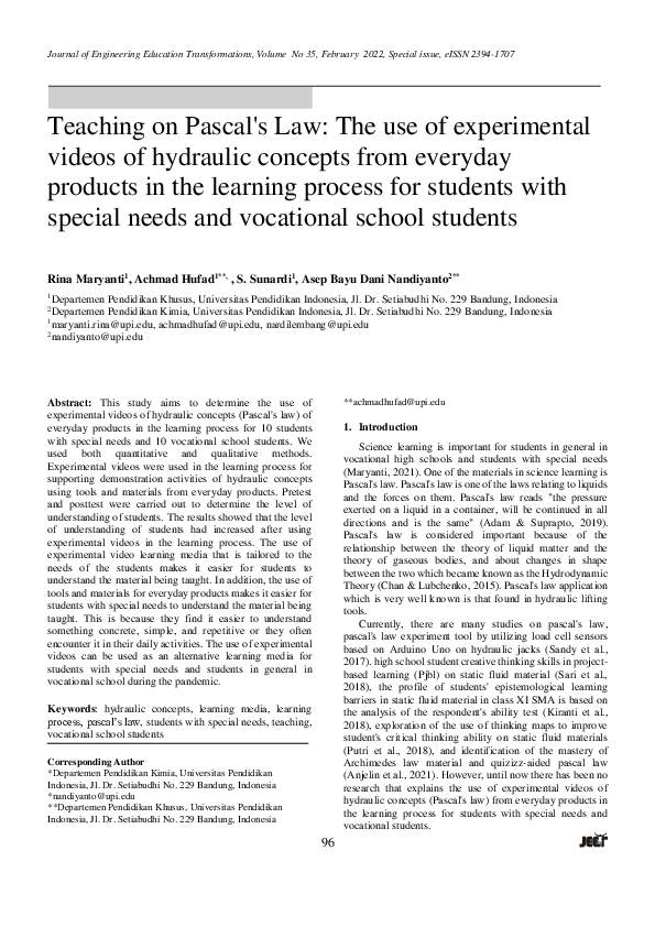 (PDF) Teaching on Pascal's Law: The use of experimental videos of hydraulic concepts from ...