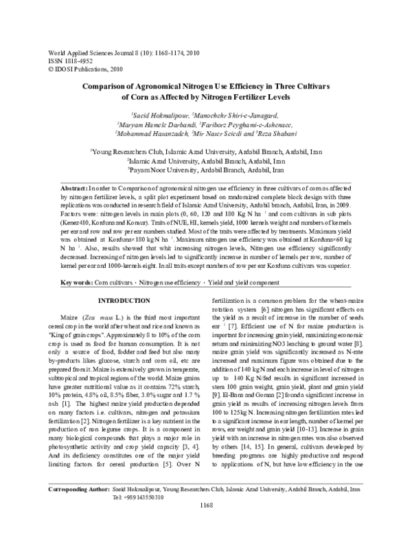 Pdf Comparison Of Agronomical Nitrogen Use Efficiency In Three Cultivars Of Corn As Affected