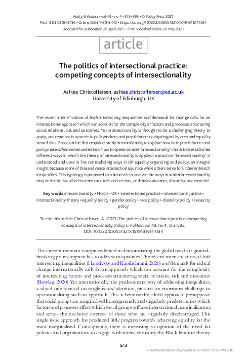 (PDF) The politics of intersectional practice: competing concepts of ...