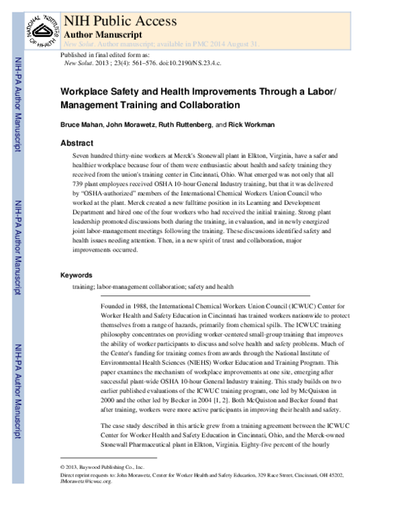 (PDF) Workplace safety and health improvements through a labor ...