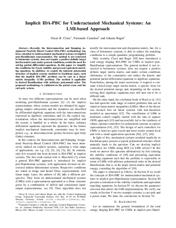 (PDF) Implicit IDA-PBC for Underactuated Mechanical Systems: An LMI-based Approach