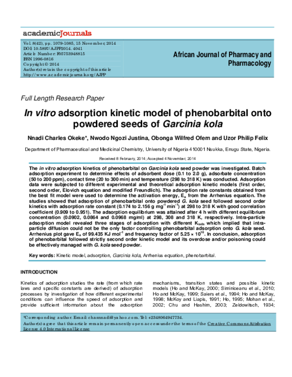 (PDF) In vitro adsorption kinetic model of phenobarbital onto powdered seeds of Garcinia kola