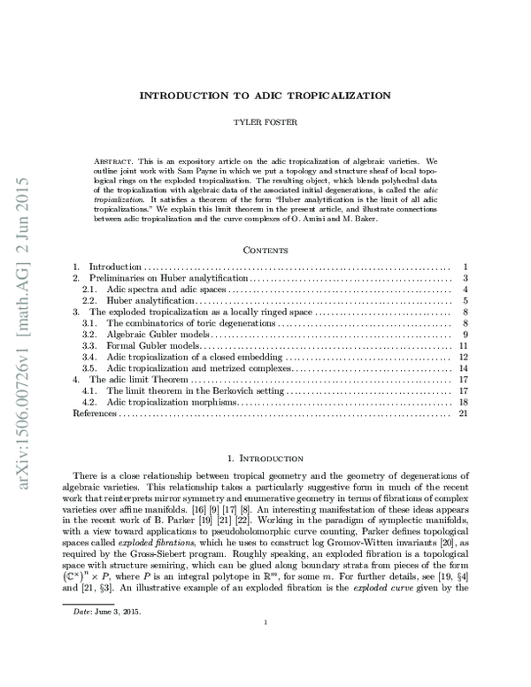 (PDF) Introduction to Adic Tropicalization
