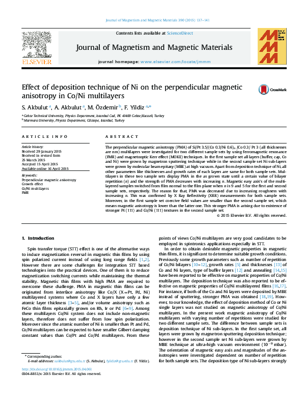 (PDF) Effect of deposition technique of Ni on the perpendicular magnetic anisotropy in Co/Ni ...