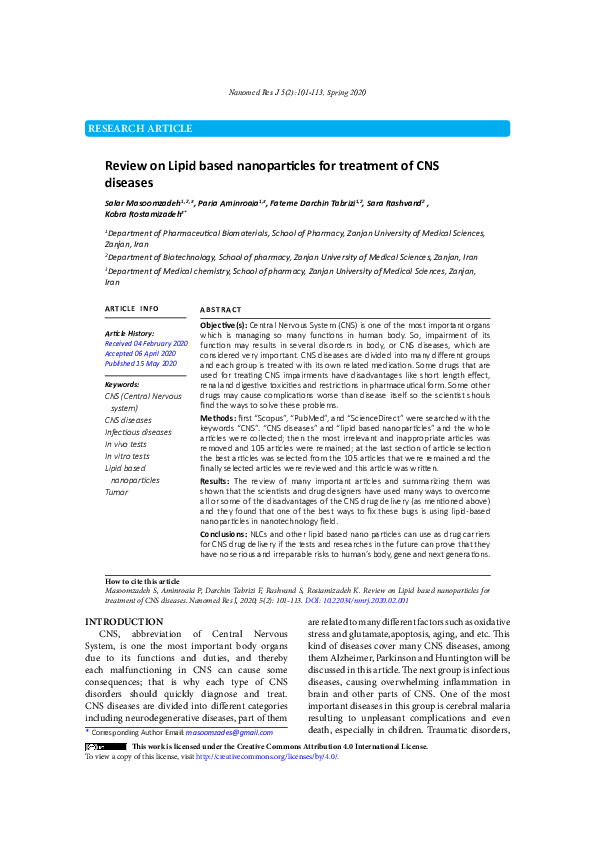 (PDF) Lipid based nanoparticles for treatment of CNS diseases: review ...