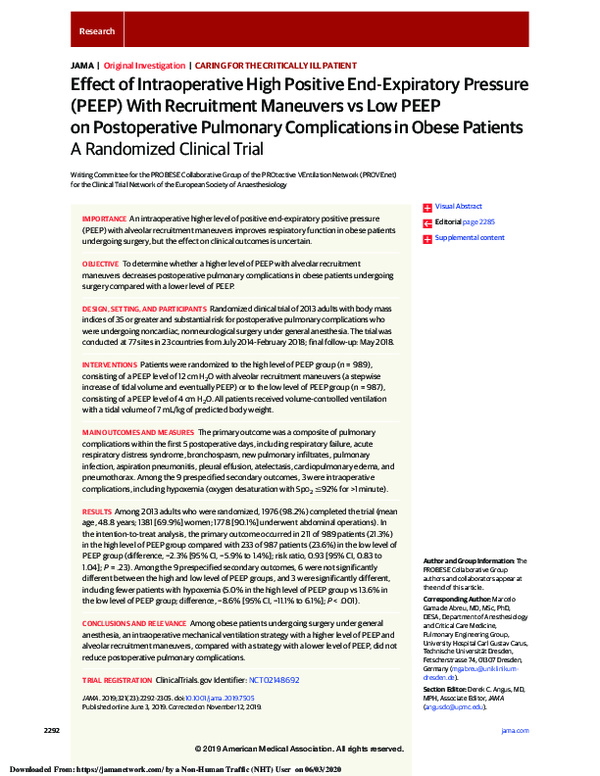 (PDF) Effect of Intraoperative High Positive End-Expiratory Pressure ...