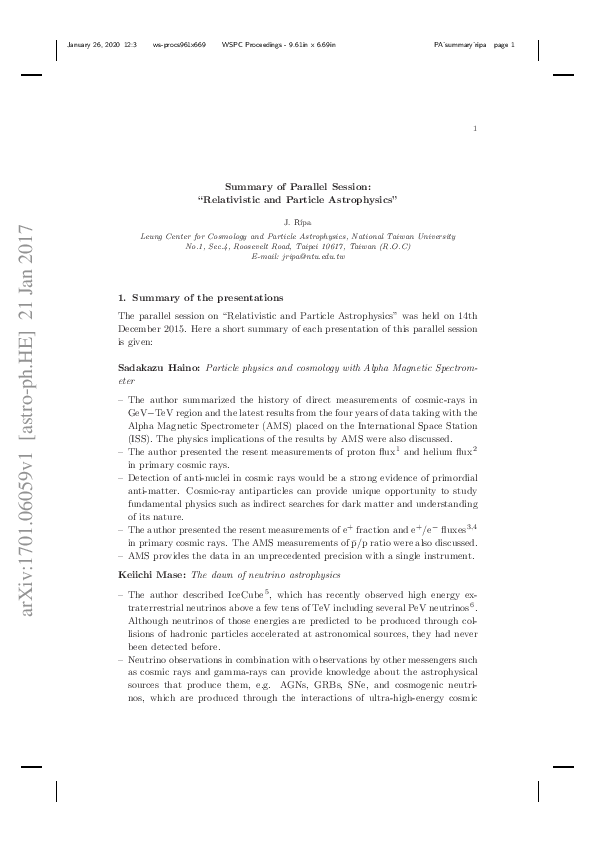 (PDF) Summary of Parallel Session: “Relativistic and Particle Astrophysics”