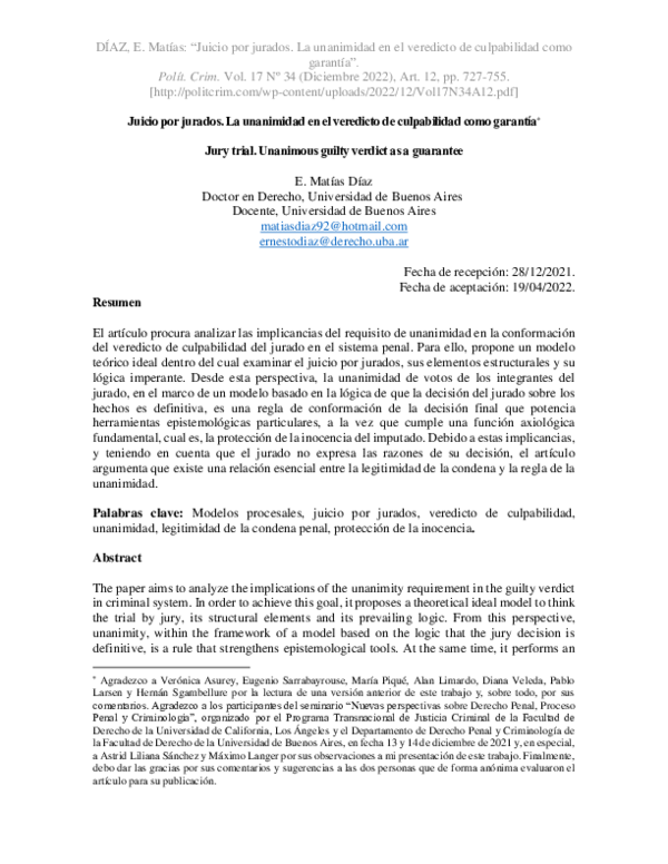 (PDF) Juicio por jurados La unanimidad en el veredicto de culpabilidad ...