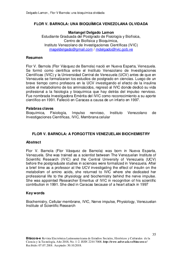 (PDF) FLOR V. BARNOLA: UNA BIOQUÍMICA VENEZOLANA OLVIDADA