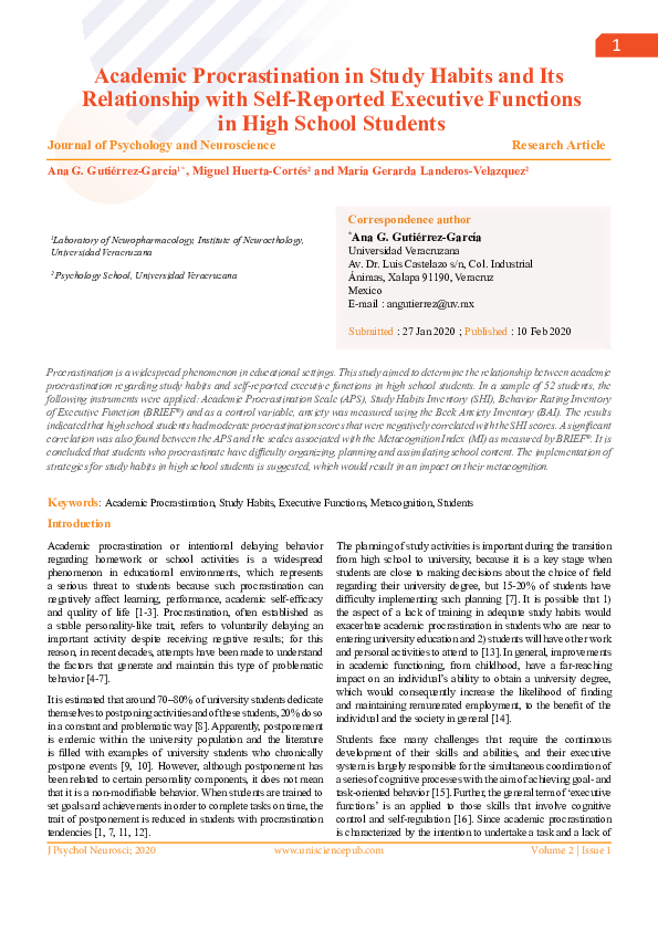 (PDF) Academic Procrastination in Study Habits and Its Relationship with Self-Reported Executive ...