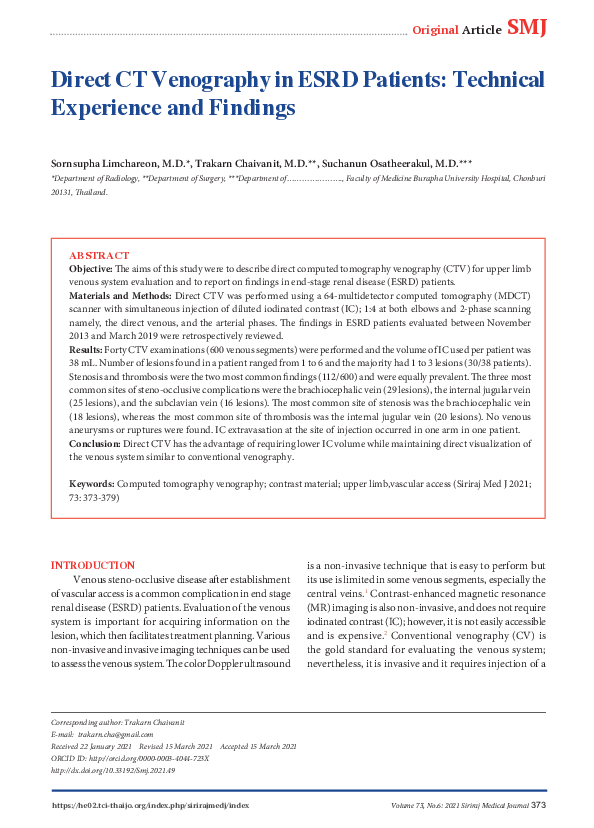(PDF) Direct CT Venography in ESRD Patients: Technical Experience and ...
