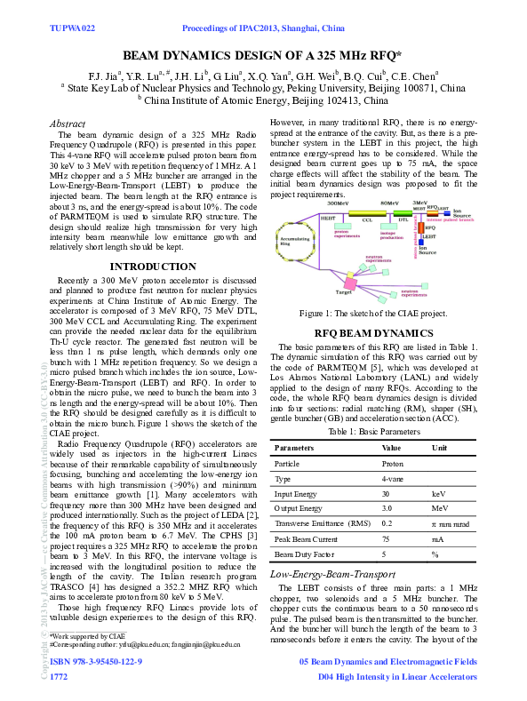 (PDF) Beam Dynamics Design of a 50 mA D+ RFQ