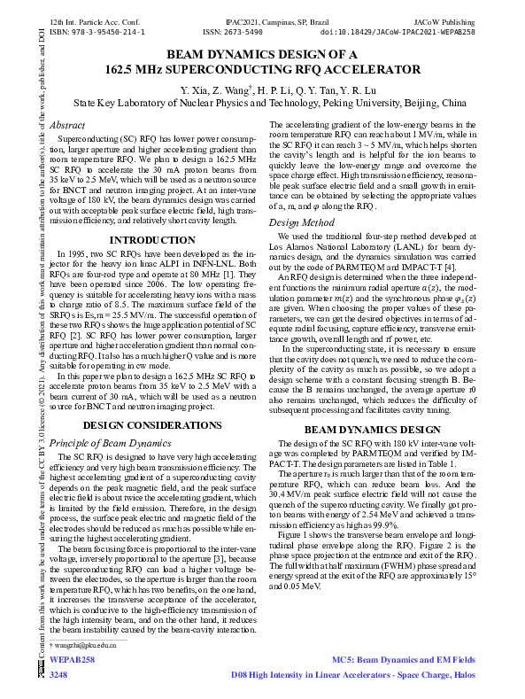 (PDF) Beam Dynamics Design of a 162.5 MHz Superconducting RFQ Accelerator