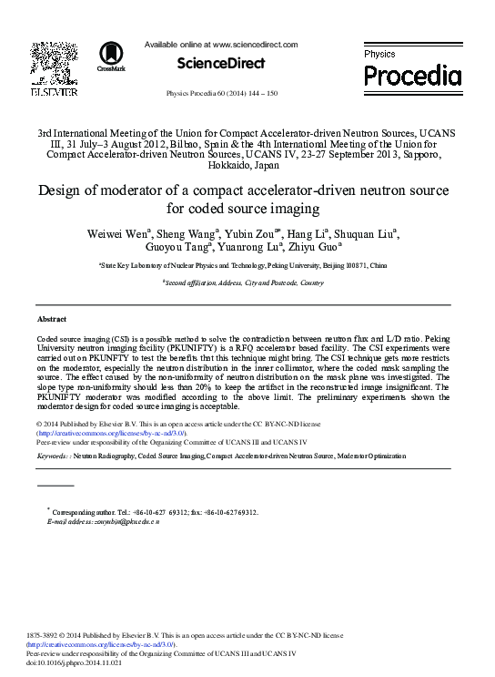 Pdf Design Of Moderator Of A Compact Accelerator Driven Neutron Source For Coded Source Imaging