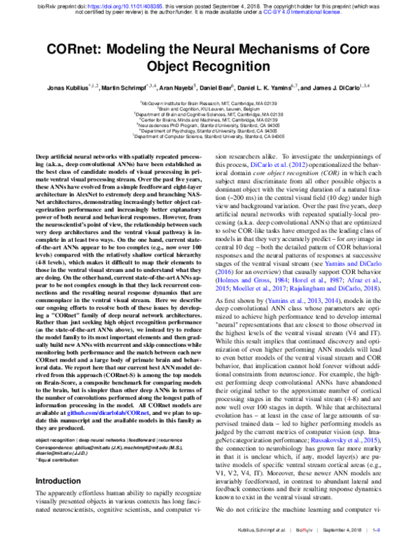 (PDF) CORnet: Modeling the Neural Mechanisms of Core Object Recognition