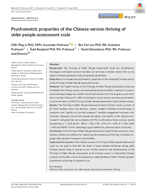 (PDF) Psychometric properties of the Chinese version thriving of older people assessment scale