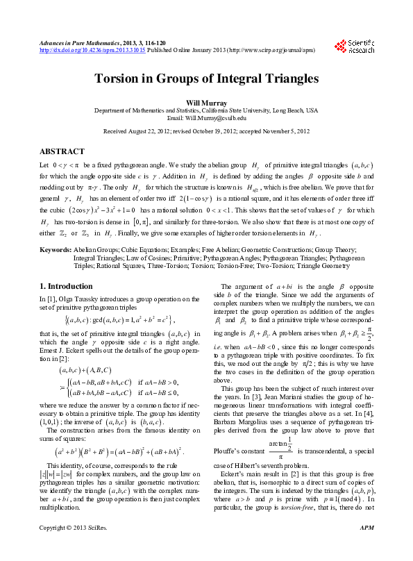 (PDF) Torsion in Groups of Integral Triangles | Will Murray - Academia.edu