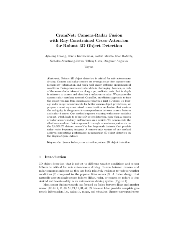 (PDF) CramNet: Camera-Radar Fusion with Ray-Constrained Cross-Attention for Robust 3D Object ...
