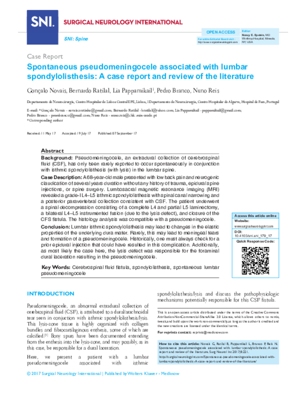 Spontaneous pseudomeningocele associated with lumbar spondylolisthesis ...