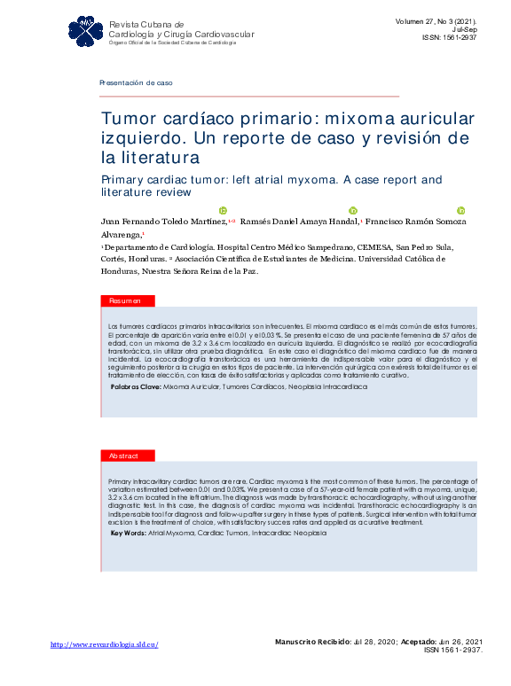 (PDF) Tumor cardíaco primario: mixoma auricular izquierdo. Un reporte ...