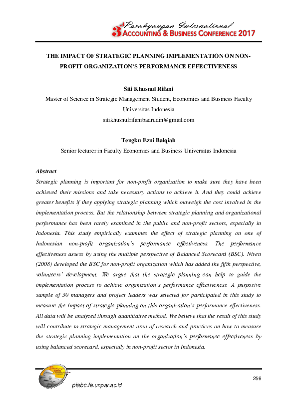 (PDF) The Impact of Strategic Planning Implementation on Non-Profit ...
