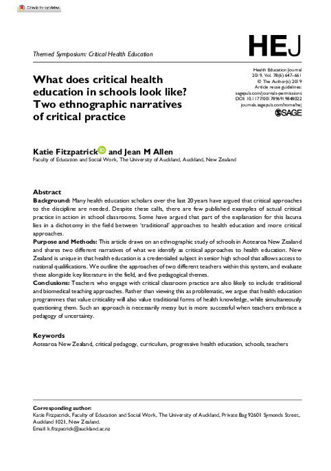 (PDF) What does critical health education in schools look like? Two ...