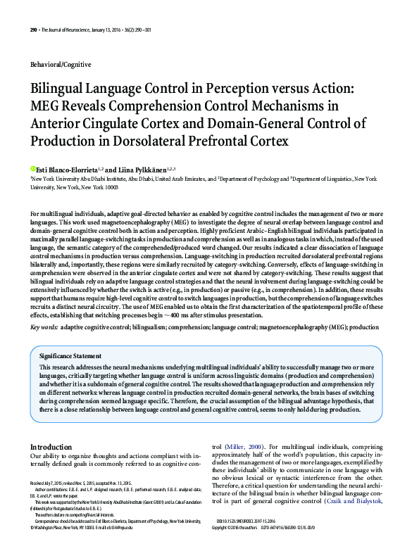 (PDF) Bilingual Language Control in Perception versus Action: MEG Reveals Comprehension Control ...
