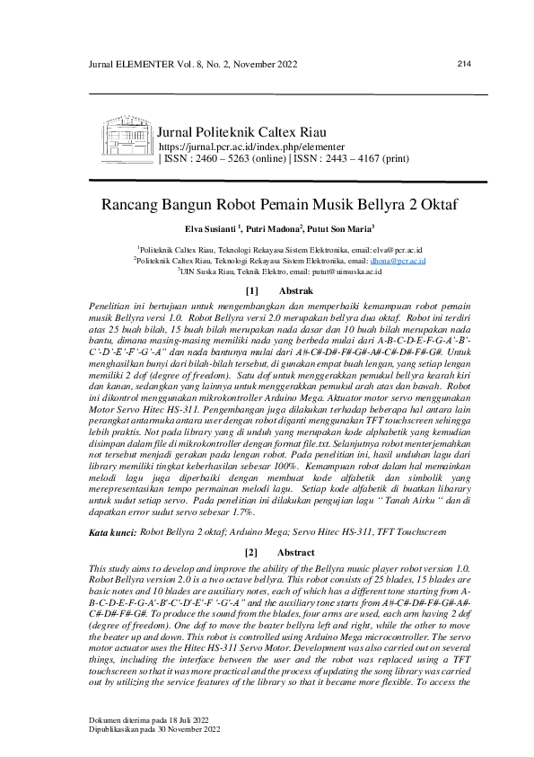 (PDF) Pengembangan Robot Pemain Musik Bellyra 2 Oktaf