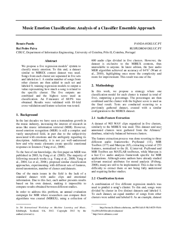 (PDF) Music Emotion Classification: Analysis of a Classifier Ensemble Approach