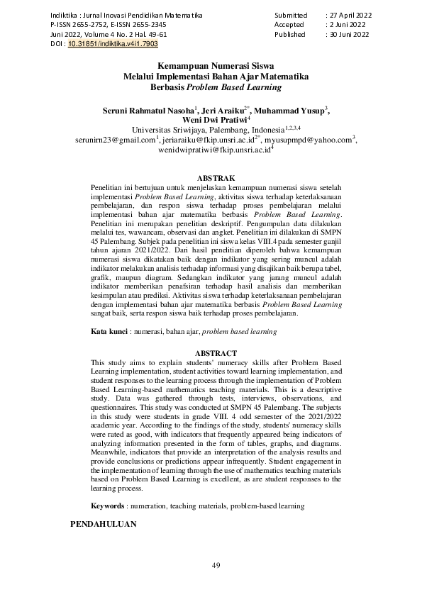 (PDF) Kemampuan Numerasi Siswa Melalui Implementasi Bahan Ajar Matematika Berbasis Problem Based ...