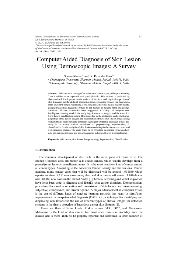 (PDF) Computer Aided Diagnosis of Skin Lesion Using Dermoscopic Images: A Survey | Sonam Khattar ...