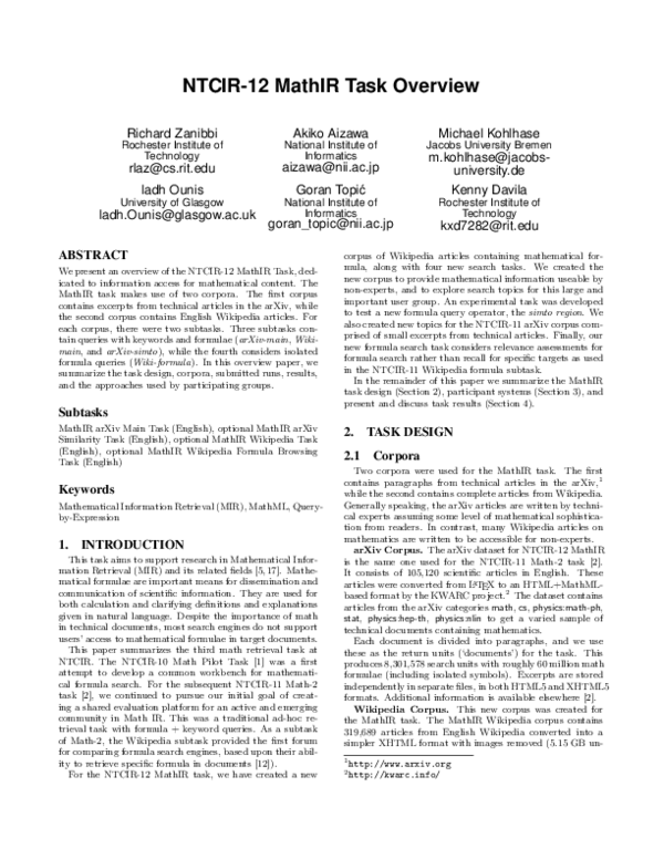 (PDF) NTCIR-12 MathIR Task Overview
