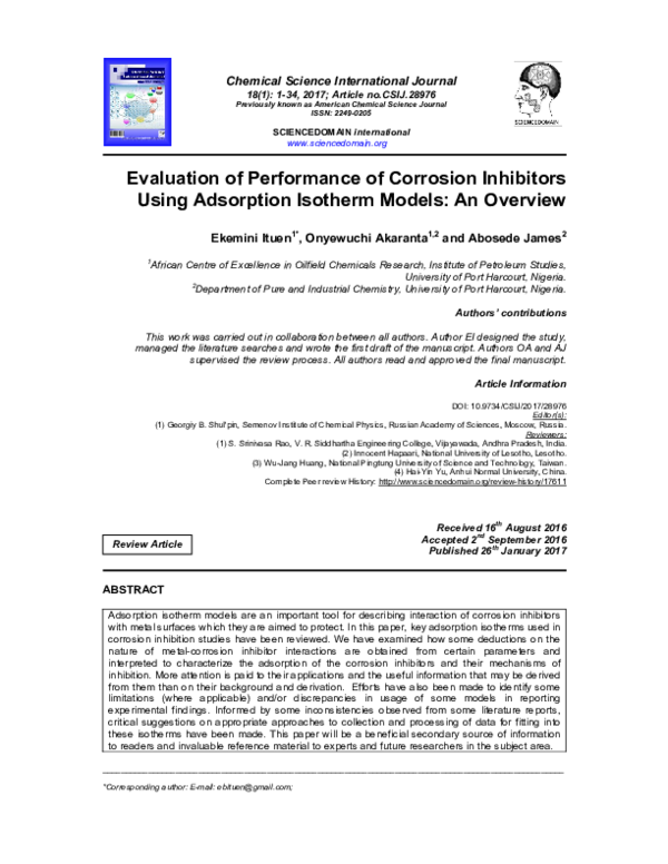 (PDF) Evaluation of Performance of Corrosion Inhibitors Using Adsorption Isotherm Models: An ...